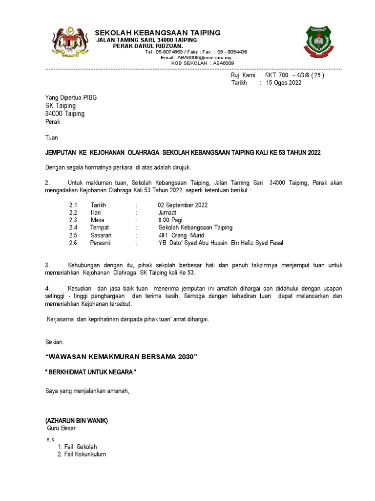 Surat Jemputan Sukan Ydp Pibg | PDF Surat Jemputan Sukan Ydp Pibg | PDF