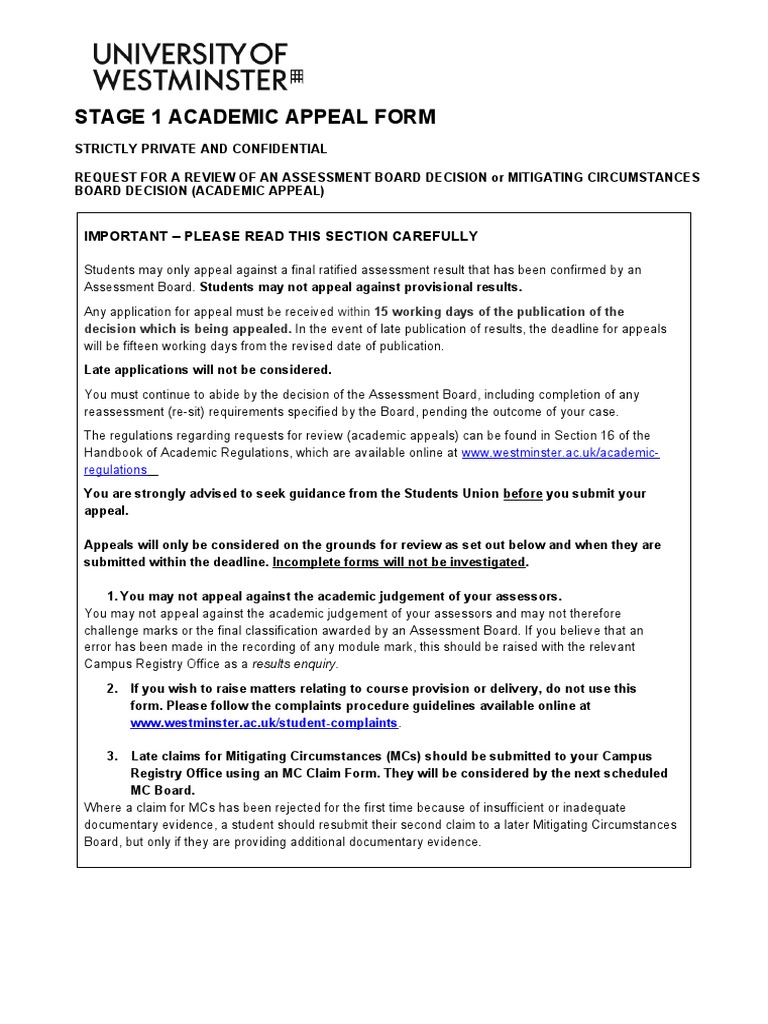 Stage 1 Academic Appeal Form | PDF | Justice | Crime & Violence