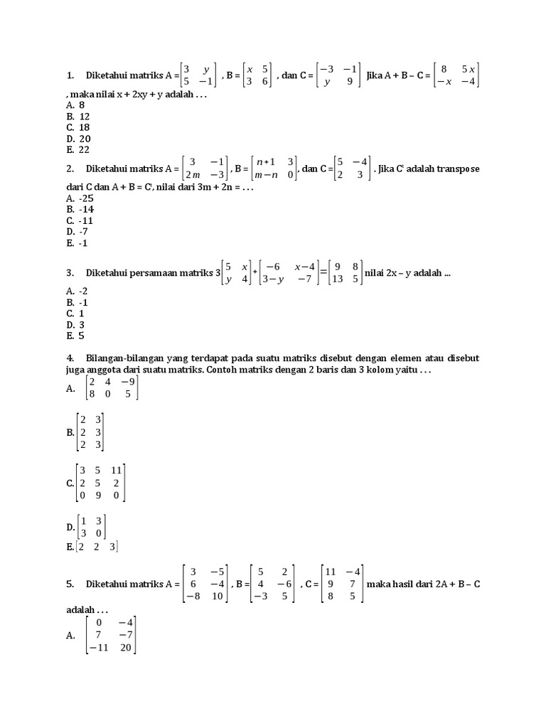 Soal Matriks dan Operasi Matematika | PDF