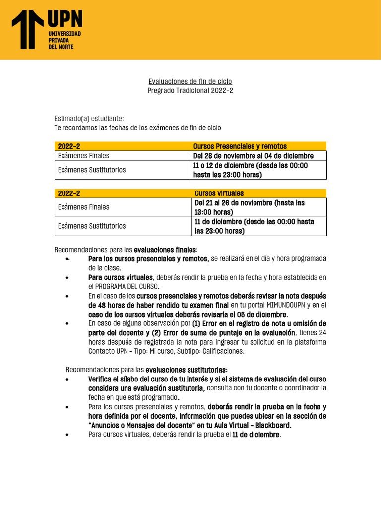 Upn Comunicado Examenes Finales y Sustitutorios UG 2022 2-10-11 2022 ...
