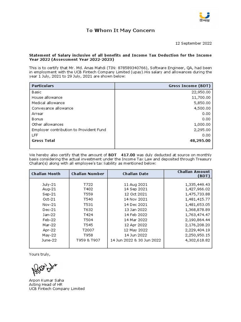 Salary Certificate For Income Tax | PDF
