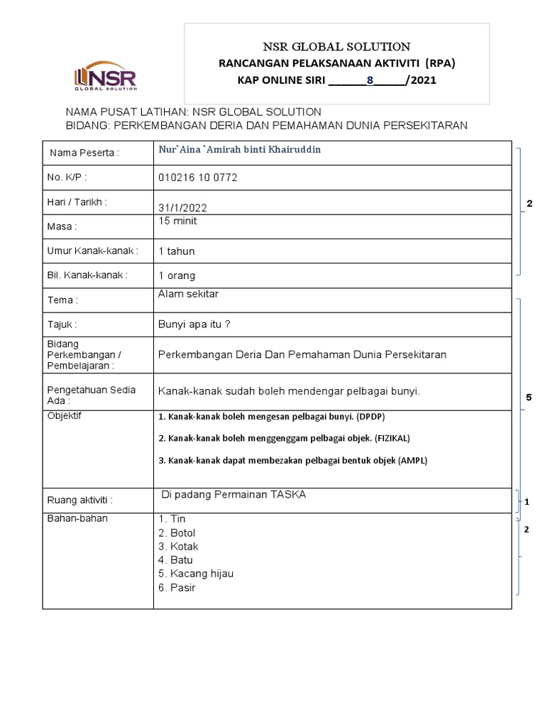 Rpa Perkembangan Deria Dan Pemahaman Dunia Persekitaran | PDF