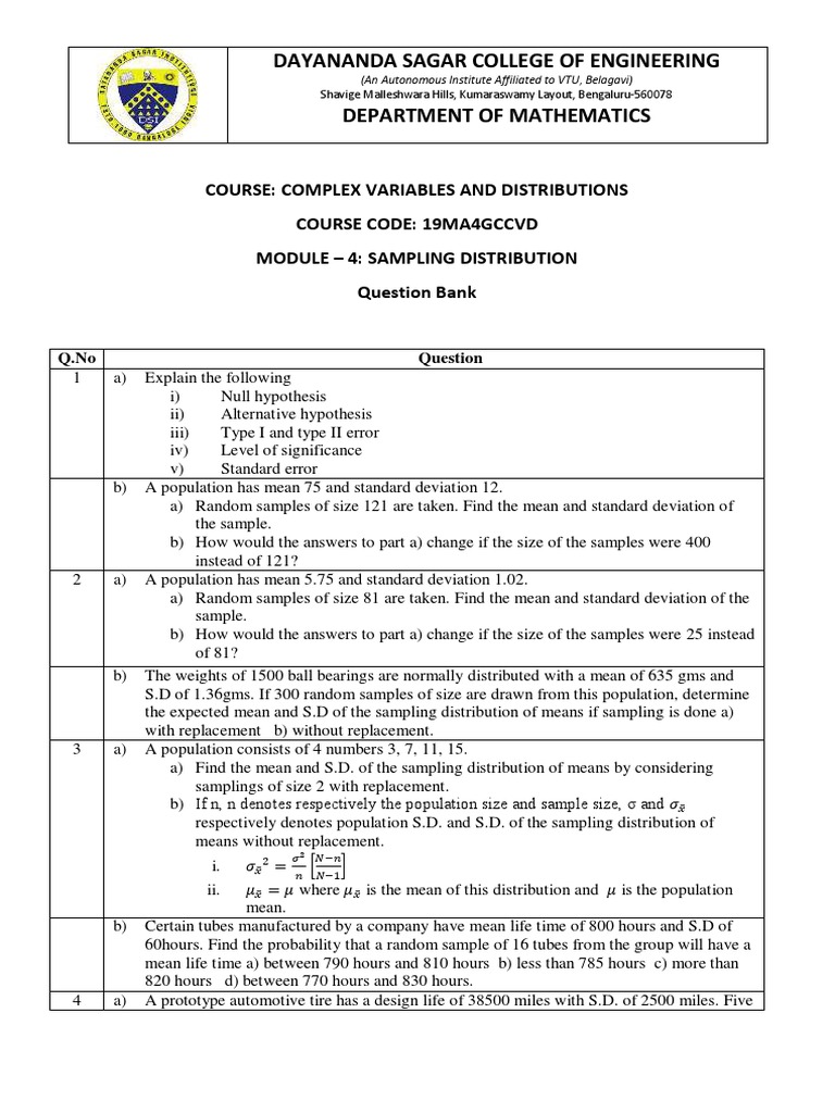 IV Sem IT-Module-4-Sampling Distribution - QB | PDF | Standard Deviation | Probability Distribution
