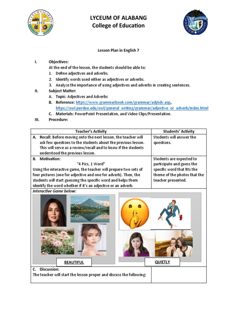 Adjectives and Adverbs Lesson Plan | PDF | Language Arts & Discipline