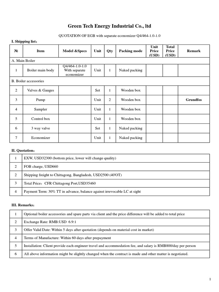 Exhaust Gas Boiler Quotation | PDF | Boiler | Chimney