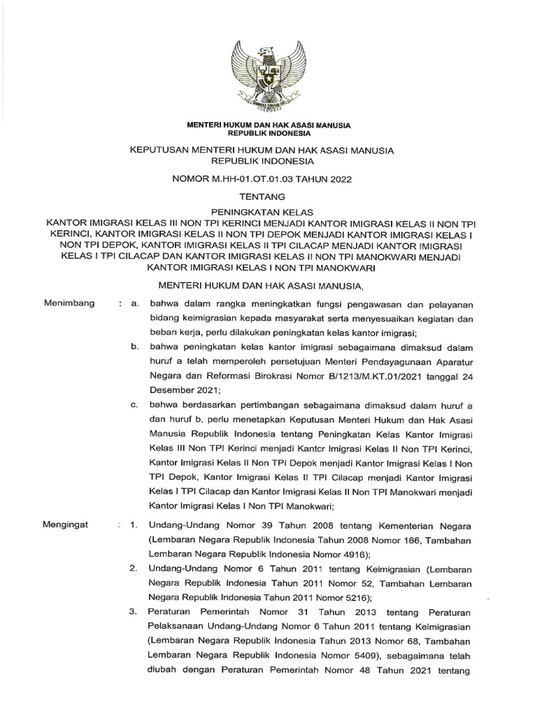 SK Menkumham Tentang Peningkatan Kelas Kantor Imigrasi Kelas III Non TPI Kerinci Menjadi Kantor ...