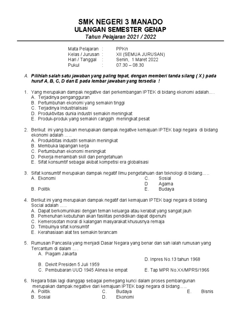 Soal Ulangan PPKN Semester Genap Kls XII 2022 | PDF | Ilmu Sosial