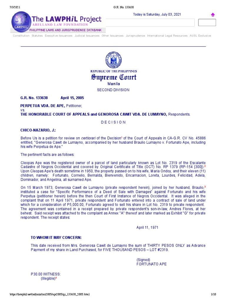 Vda. de Ape Vs CA - G.R. No. 133638 | PDF