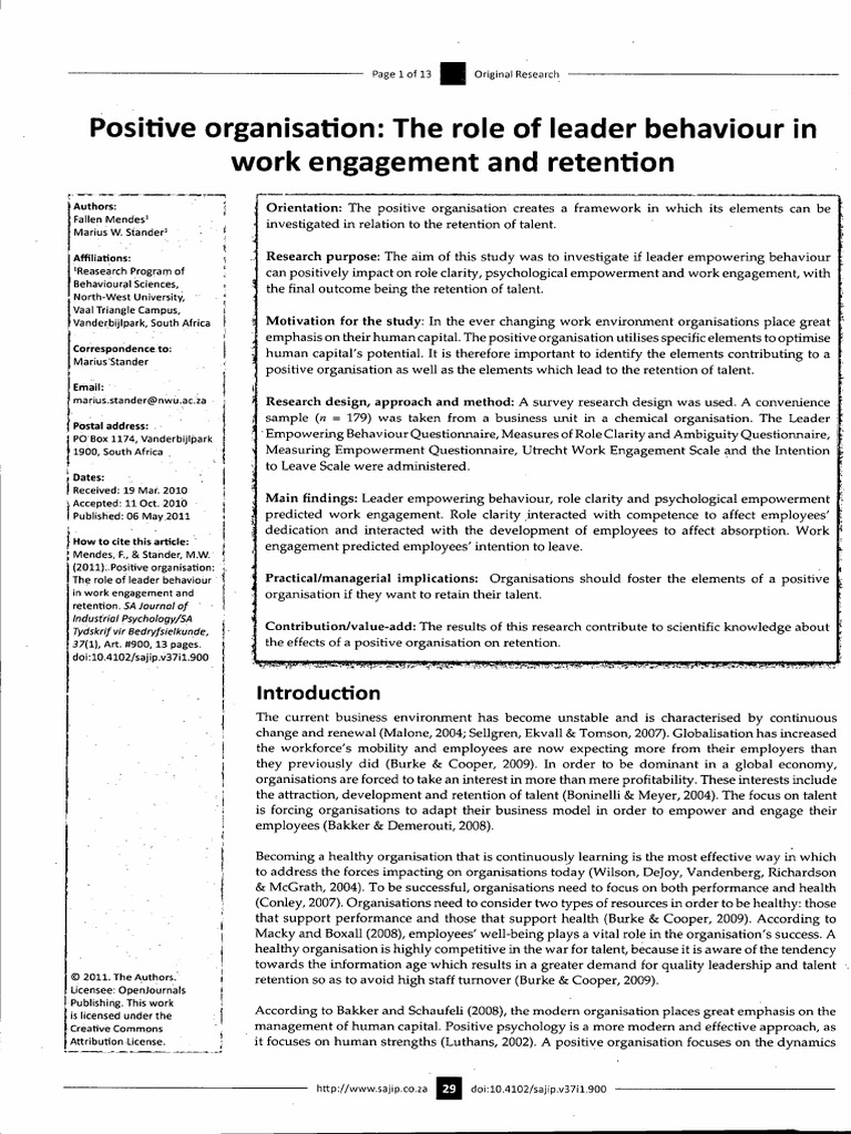 Positive Organisation The Role of Leader Behaviour in Work Engagement ...