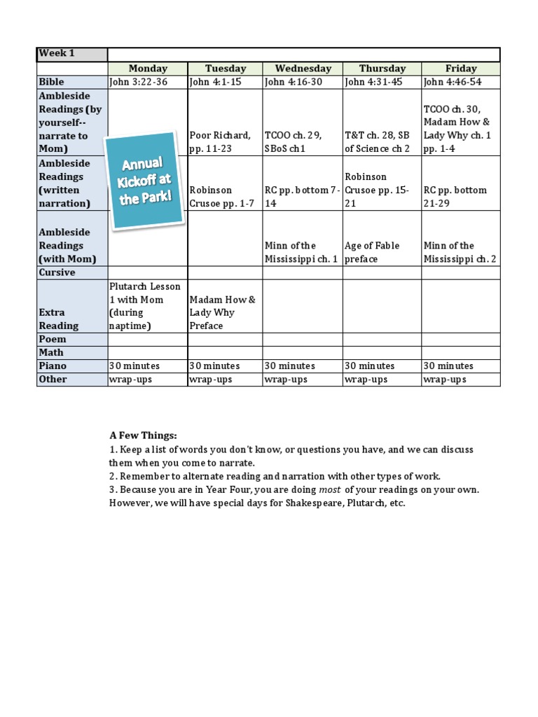 Week 1 Homeschool Curriculum Plan | PDF