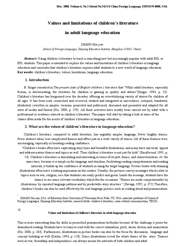 Values and Limitations of Children's Literature | PDF | English As A ...