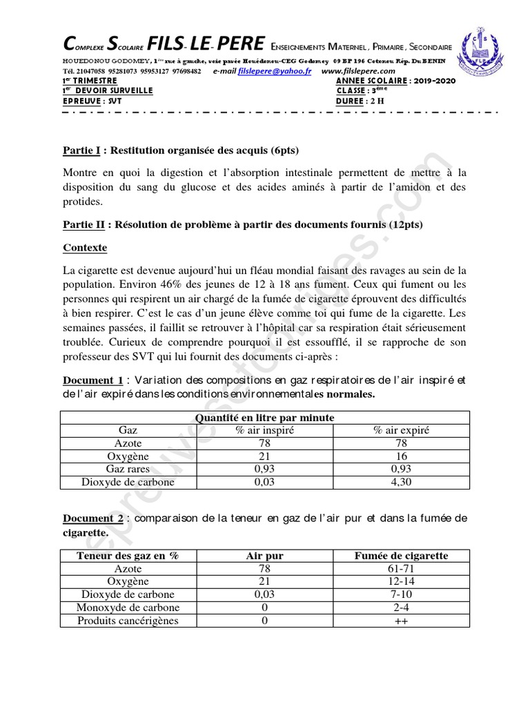 1er Devoir Du 1er Trimestre SVT 3ème 2019-2020 Cs Fils Le Pere | PDF