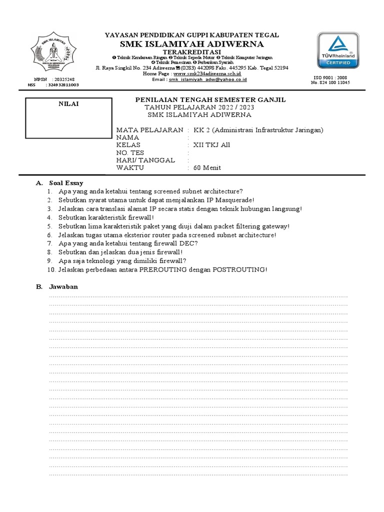Soal PTS KK 2 (Administrasi Infrastruktur Jaringan) Kelas XII | PDF