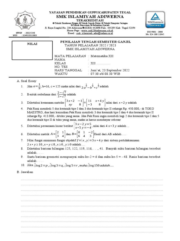 Soal PTS Mat XII 2022 | PDF