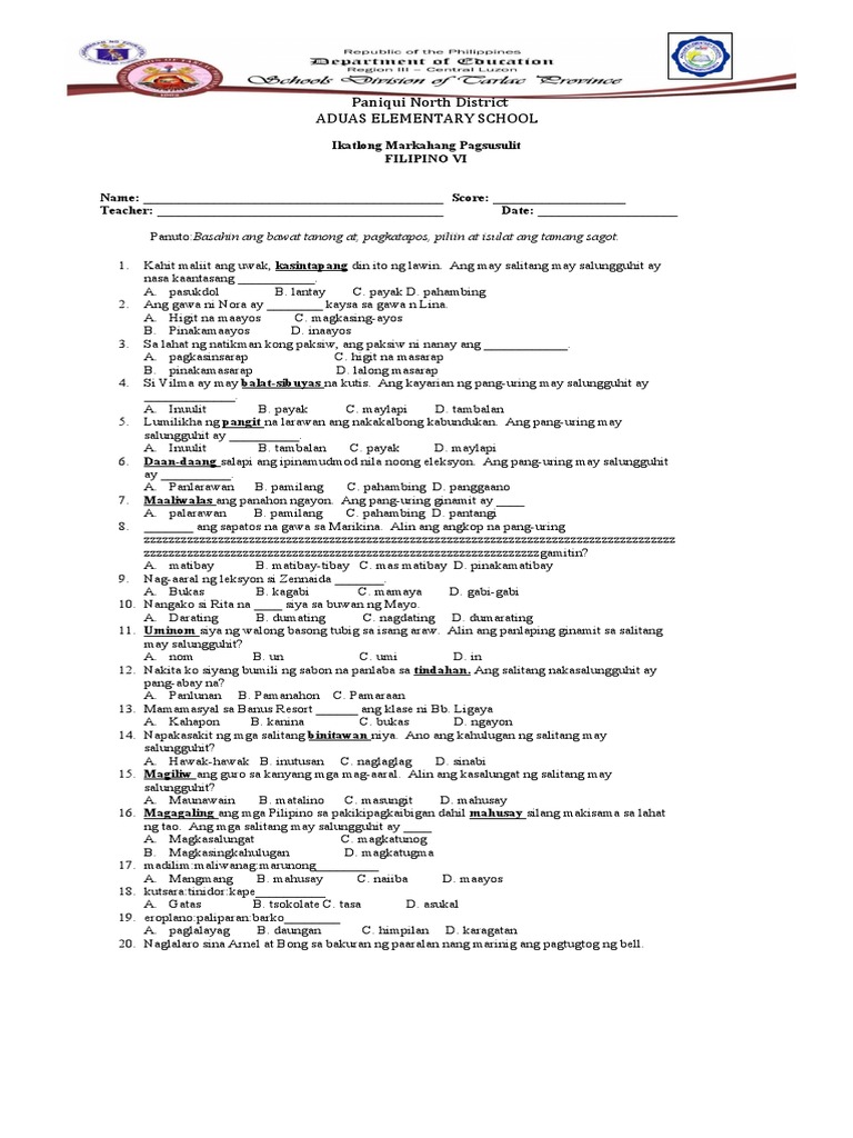 Third Periodical Test in Filipino 6 | PDF