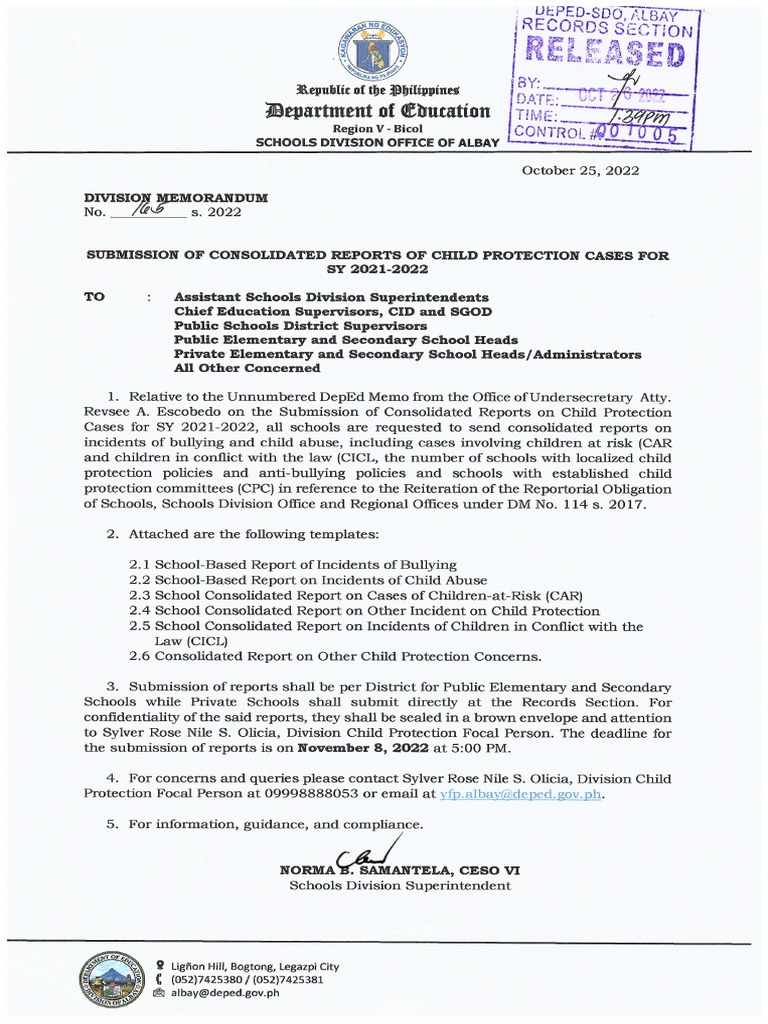 DM 165 S. 2022 Submission of Consolidated Reports of Child Protection ...