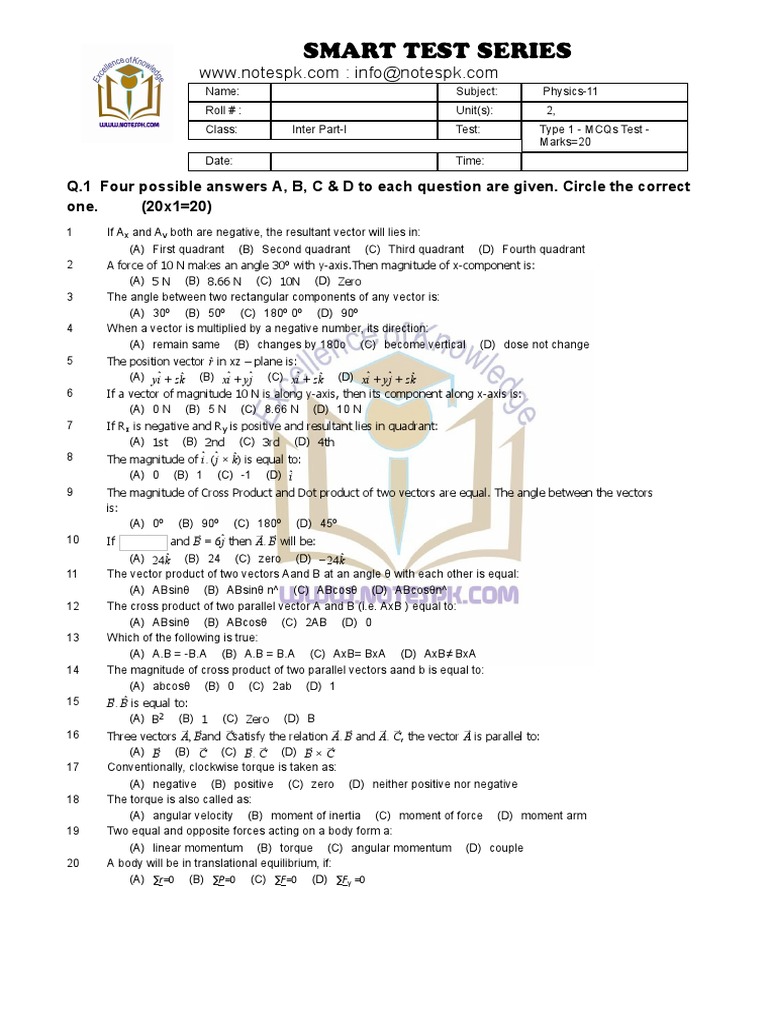 11th Physics Chapter 2 MCQs Practice Test 1 | PDF