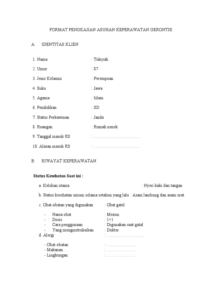 Format Pengkajian Asuhan Keperawatan Gerontik | PDF