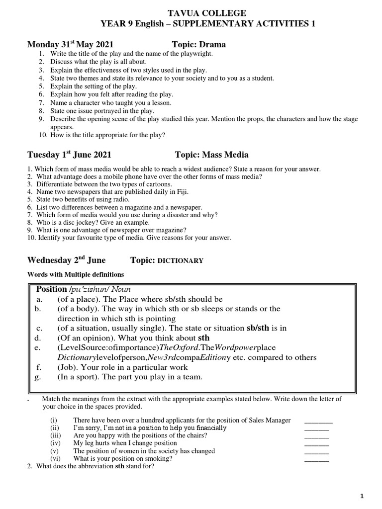 Year 9 English Activities Overview | PDF | Diabetes | Fiji