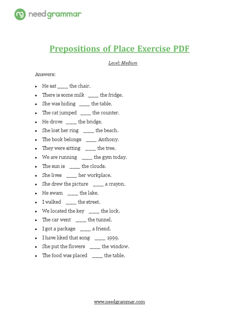 Prepositions of Place Exercise | PDF