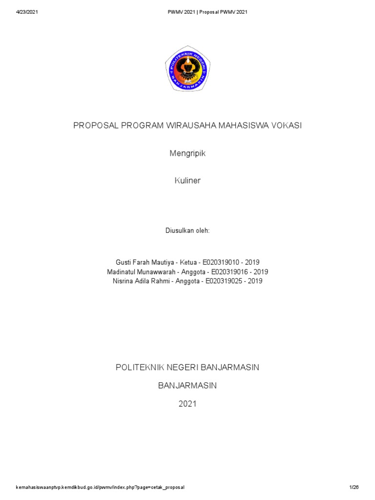 Contoh Proposal PMW Poliban 2021 Mengripik Kuliner | PDF