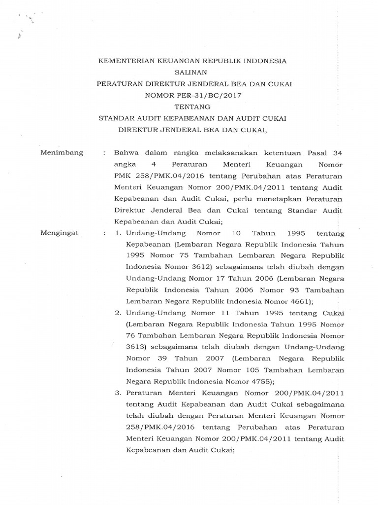 Per 2017 Per-31bc2017 Standar Audit Kepabeanan Dan Audit Cukai | PDF | Pengelolaan Keuangan & Uang