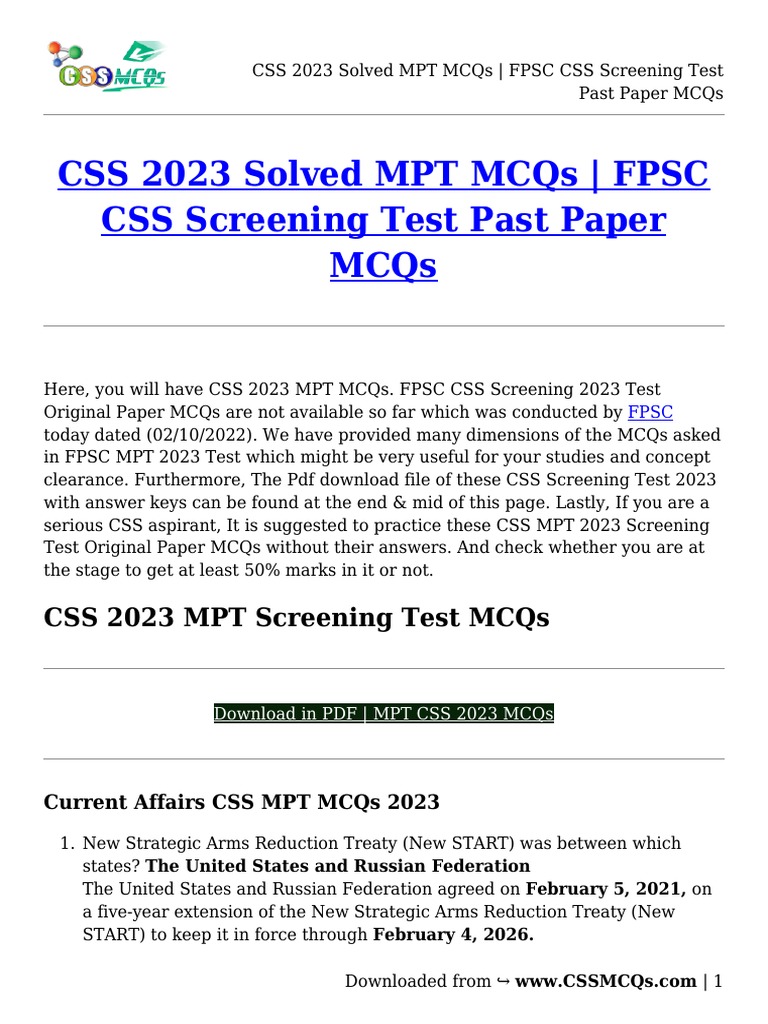 CSS 2023 Solved MPT MCQs - FPSC CSS Screening Test Past Paper MCQs | PDF