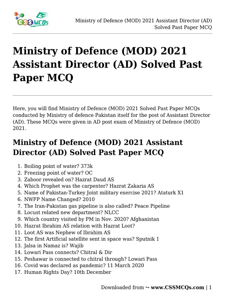 MOD 2021 AD Exam MCQs Solved | PDF | Social Science