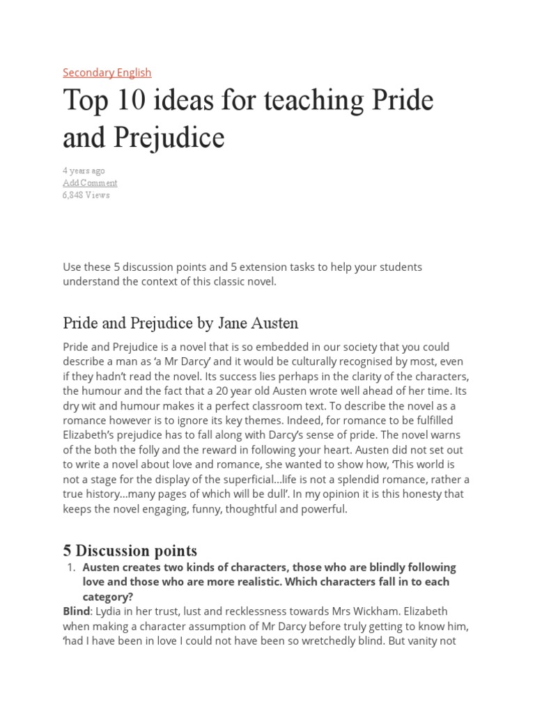 Top 10 Ideas for Teaching Pride and Prejudice | PDF | Mr. Darcy | Pride ...