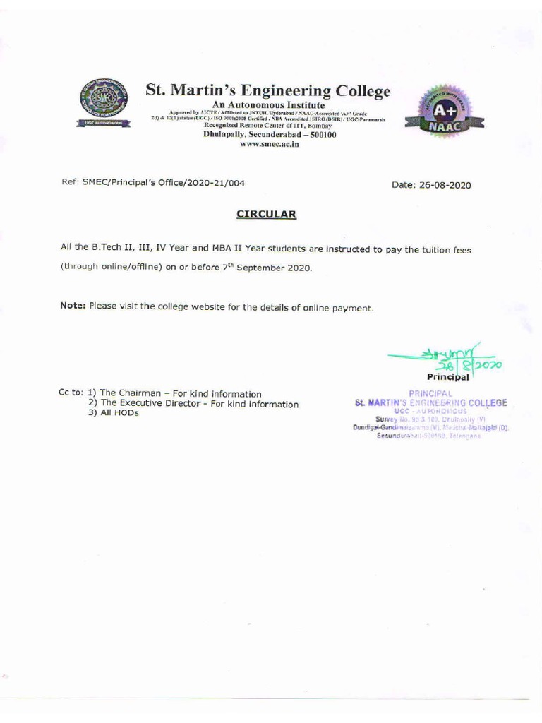 Circular - Tuition Fees | PDF