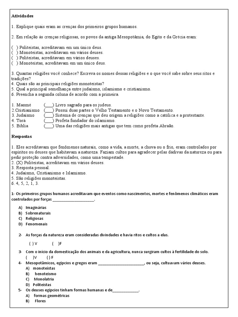 ATIVIDADE DE HISTÓRIA - ANO | PDF | Monoteísmo | Politeísmo