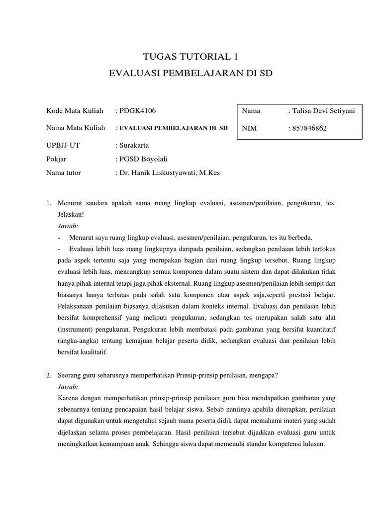 TT1 - Evaluasi Pembelajaran Di SD | PDF