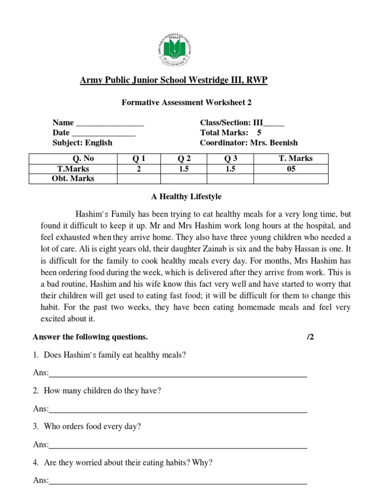 Class 3 English Formative Assesment Worksheet 2 | PDF