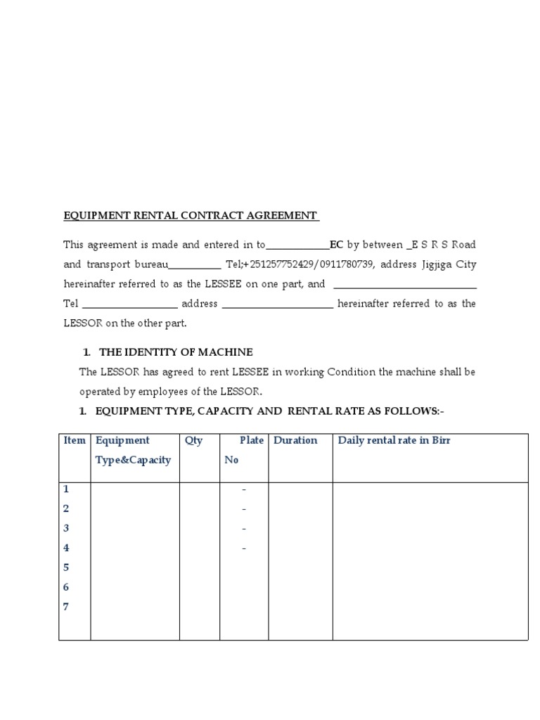 Equipment Rental Contract Agreement | PDF | Lease | Property