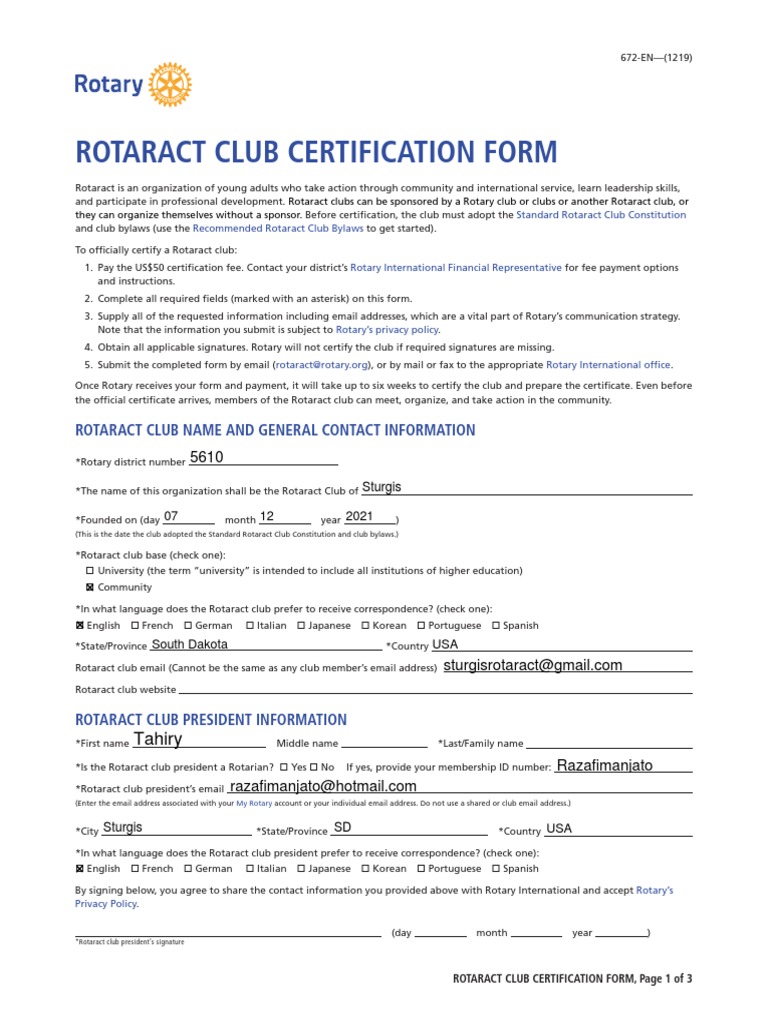 Sturgis Rotaract Certification Form | PDF | Cheque | Financial Transaction