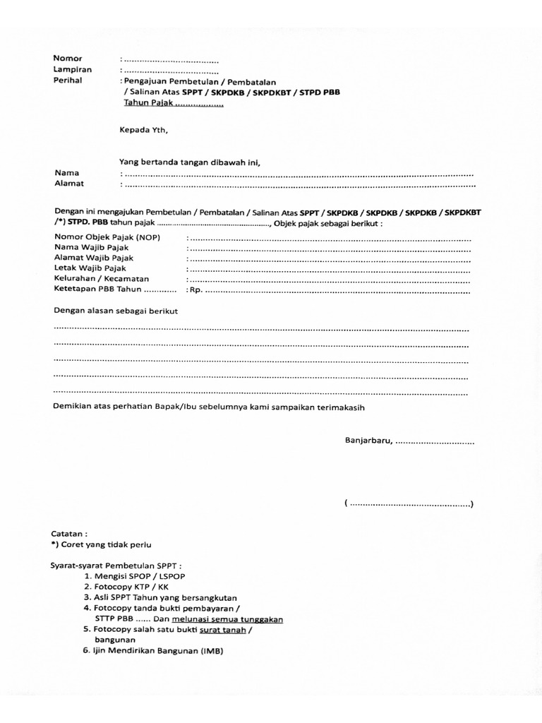Formulir Permohonan Pembuatan Salinan SPPT PBB P2 Kota Banjarbaru | PDF
