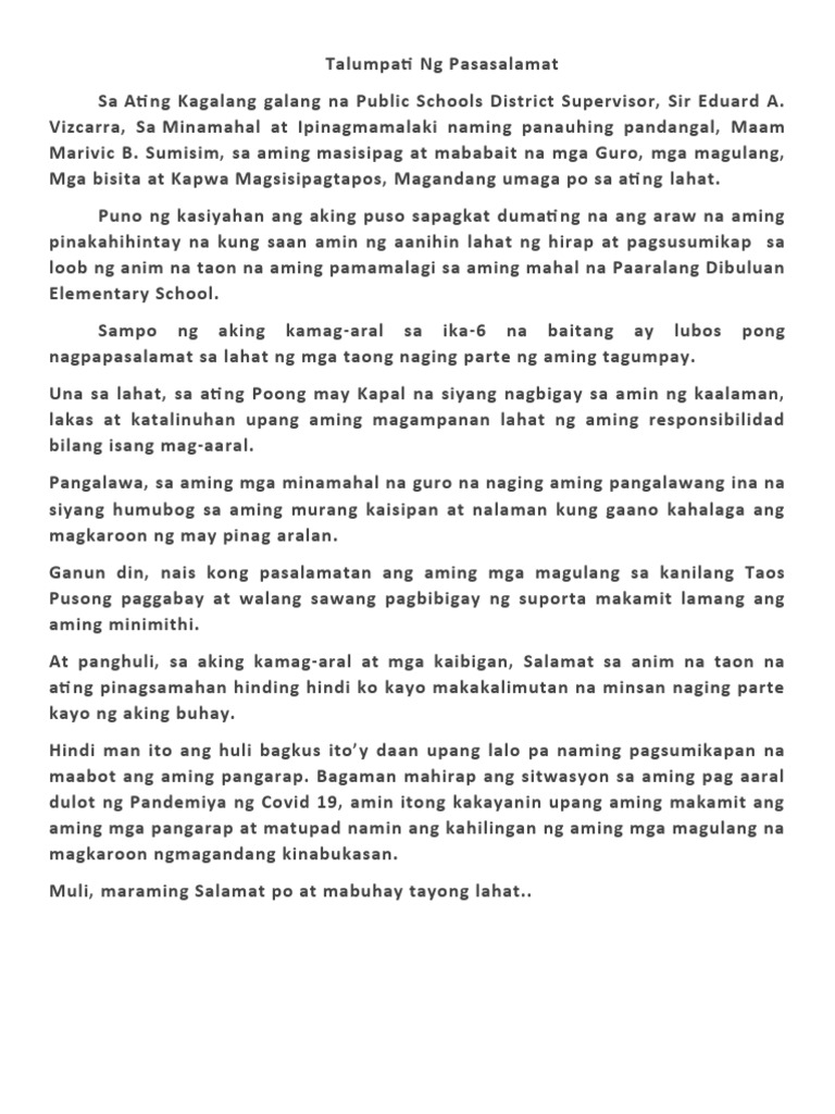 Talumpati NG Pasasalamat | PDF