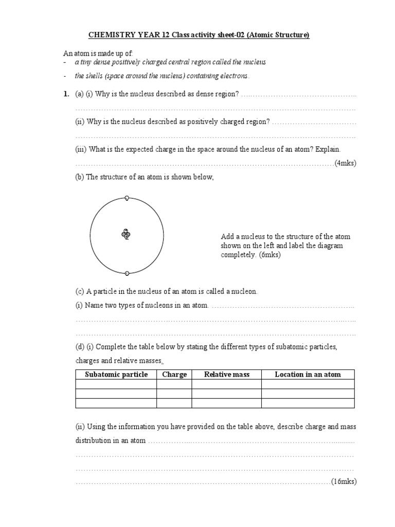 Activity Sheet-02 (Atomic Structure) | PDF