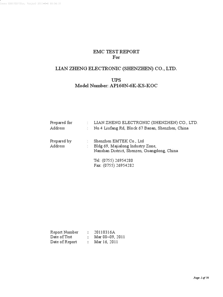 Emc Test Report For Lian Zheng Electronic (Shenzhen) Co., Ltd. UPS ...