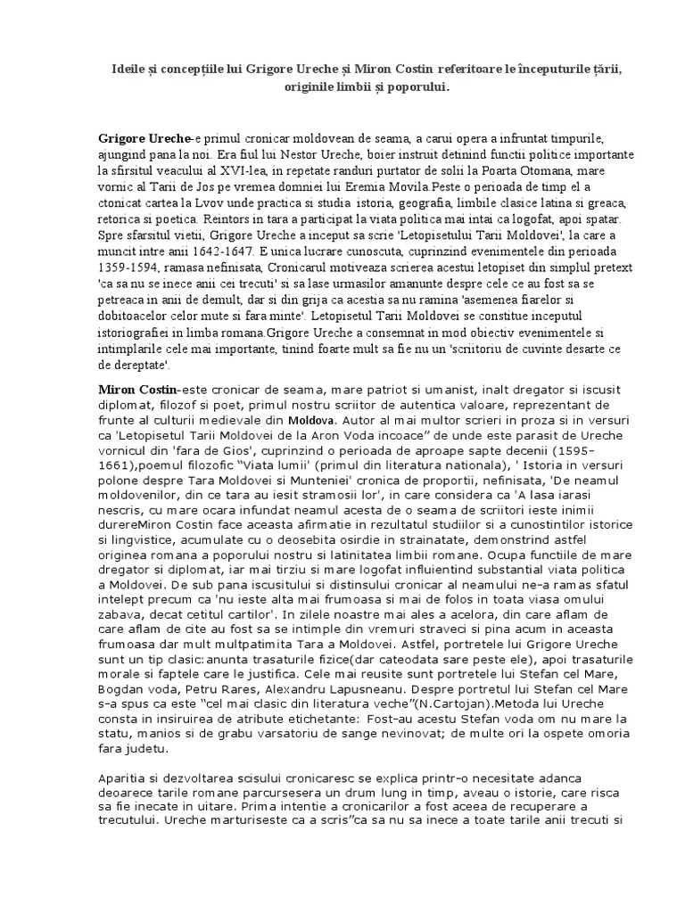 Ideile Și Concepțiile Lui Grigore Ureche Și Miron Costin | PDF