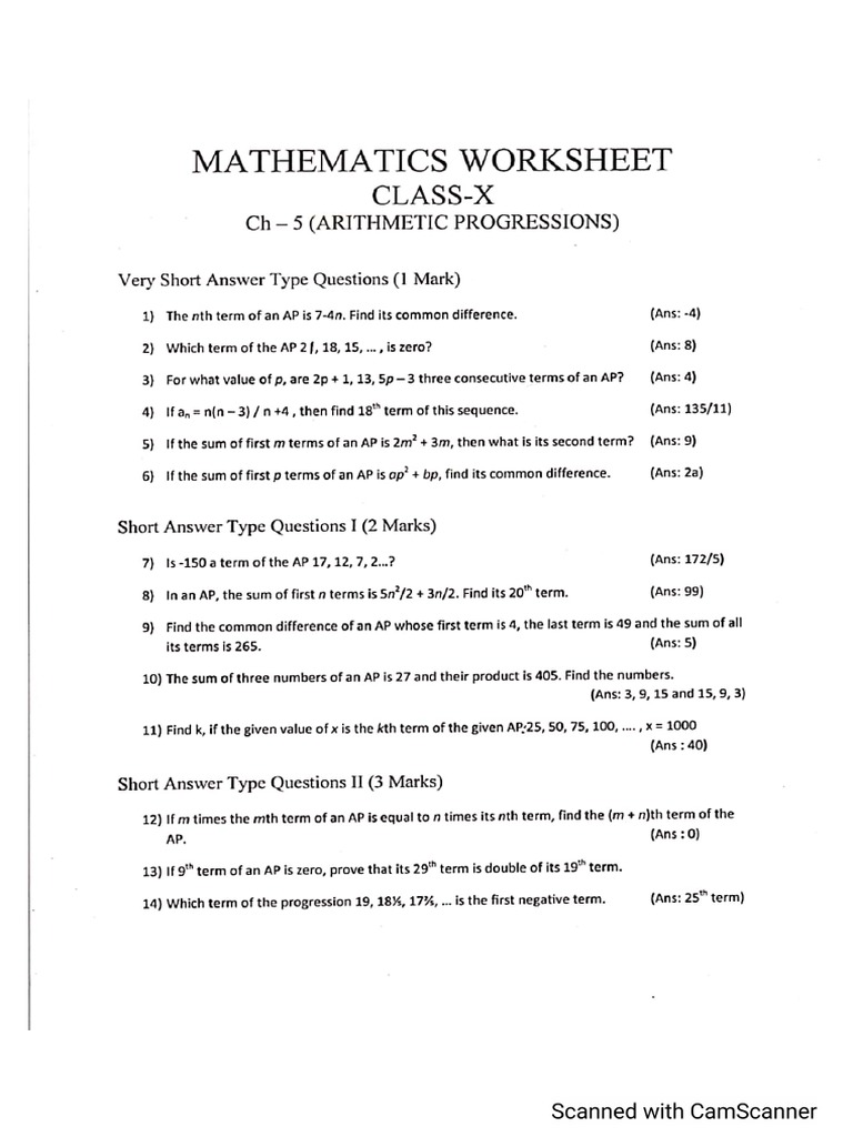 CBSE Class 10 Mathematics Worksheet - Arithmetic Progression | PDF CBSE Class 10 Mathematics Worksheet - Arithmetic Progression | PDF