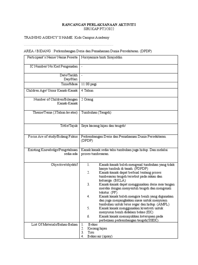 Rpa DPDP Norsyamira Binti Sirajuddin | PDF | Karier & Perkembangan | Kesehatan Holistik