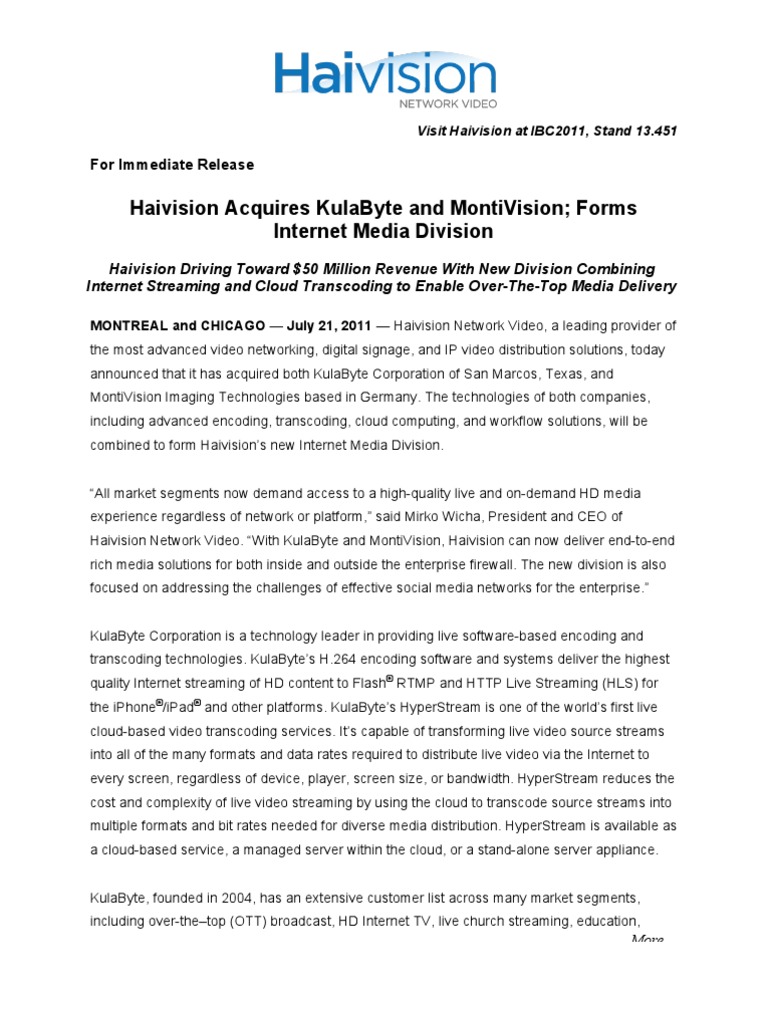 Haivision Acquires Kulabyte and Montivision Forms Internet Media ...