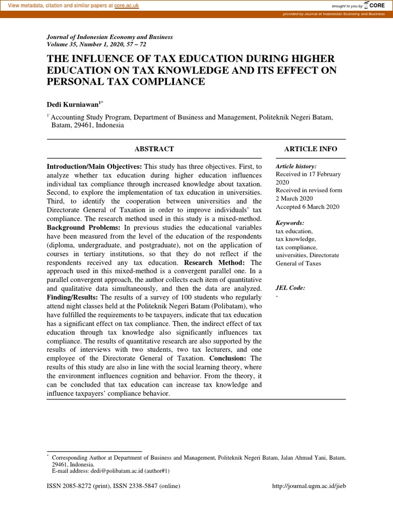 The Influence of Tax Education During Higher Education On Tax Knowledge and Its Effect On ...