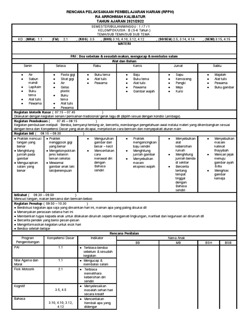 Rencana Pelaksanaan Pembelajaran Harian (RPPH) Ra Arrohmah Kalibatur Tahun Ajaran 2021 - 2022 | PDF