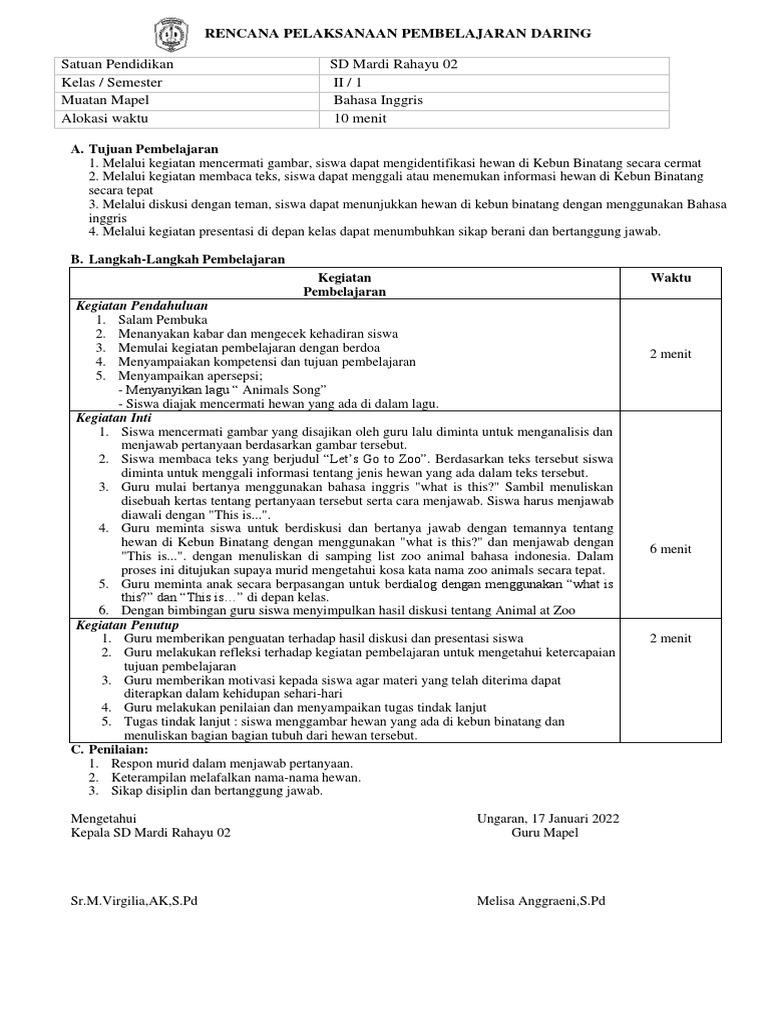 RPP Bahasa Inggris Kelas 2 Animal at Zoo | PDF