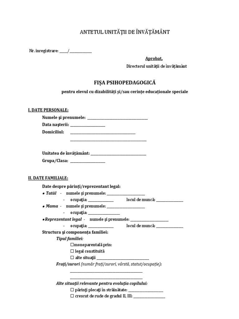 Fisa Psihopedagogica - Dra | PDF