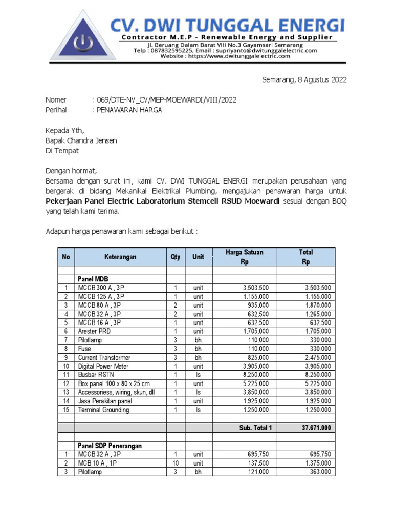 20220808-069.penawaran Pekerjaan Panel Electric Laboratorium Stemcell RSUD Moewardi | PDF