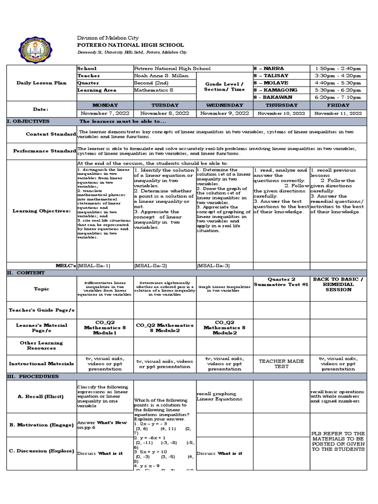 Millan DLL Grade 8 q2 Week1 | PDF | Equations | Mathematics