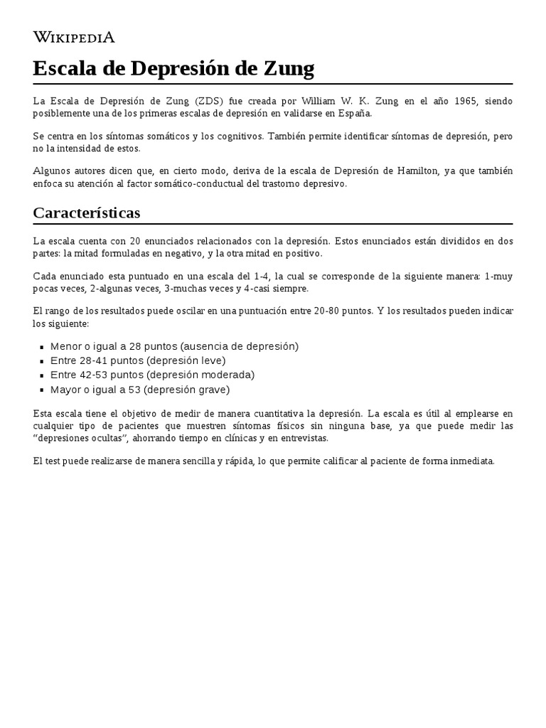 Escala de Depresión de Zung | PDF | Depresión (estado de ánimo ...